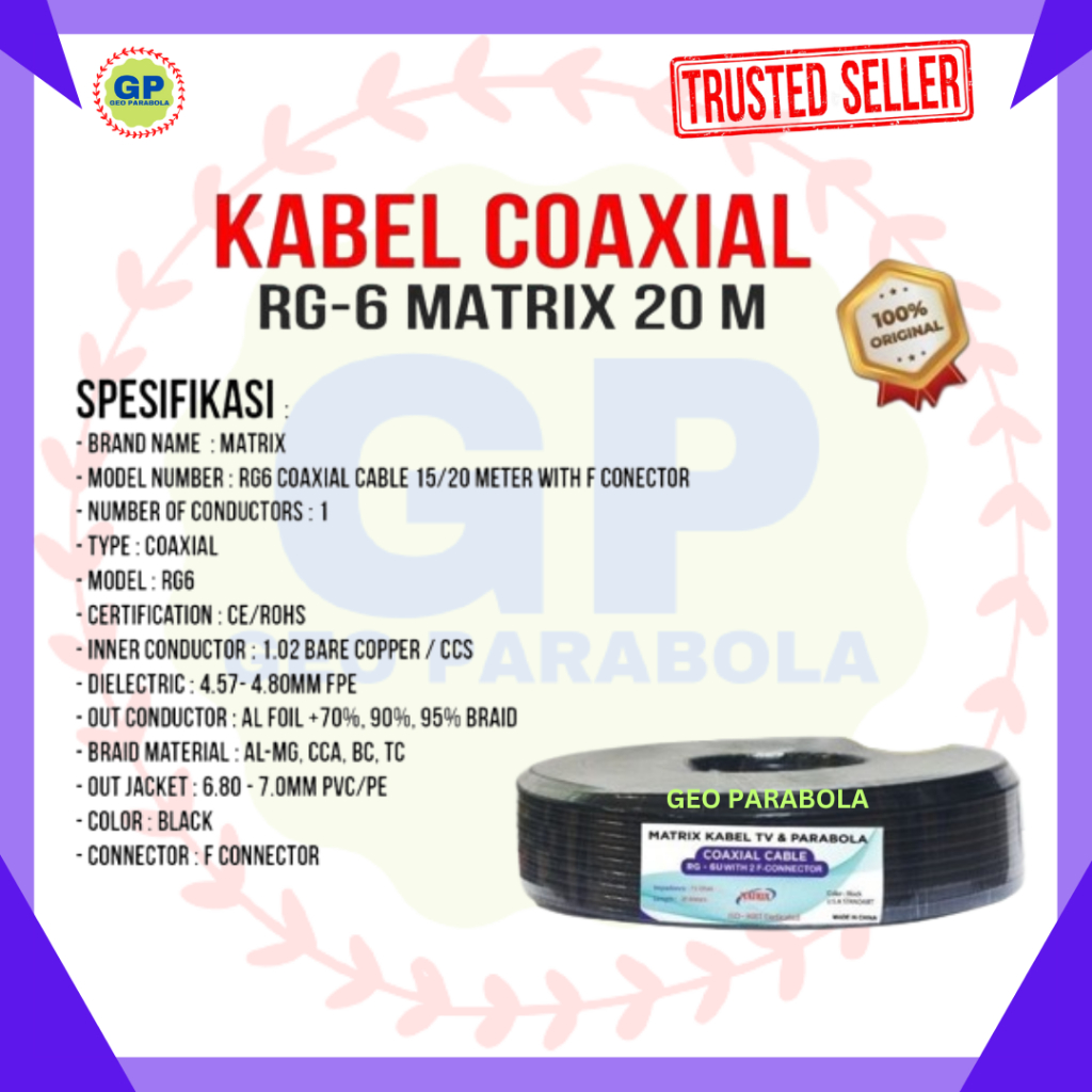 Jual KABEL PARABOLA MATRIX RG 6 PANJANG 20 METER UNTUK PARABOLA ATAU ...