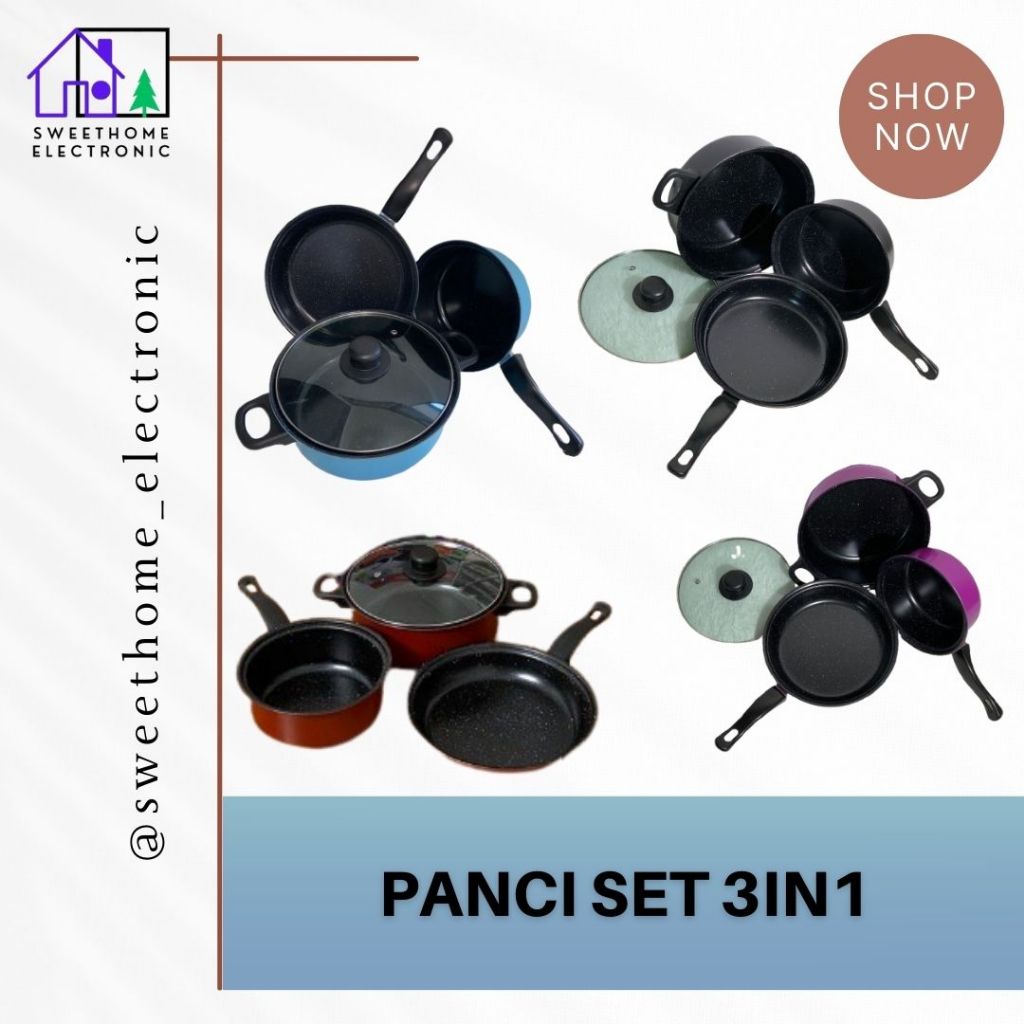 Jual Panci Set 3 IN 1 untuk memasak Anti Lengket Isi 3Pcs Tutup Kaca Set Pot Cookware Set Masak ...