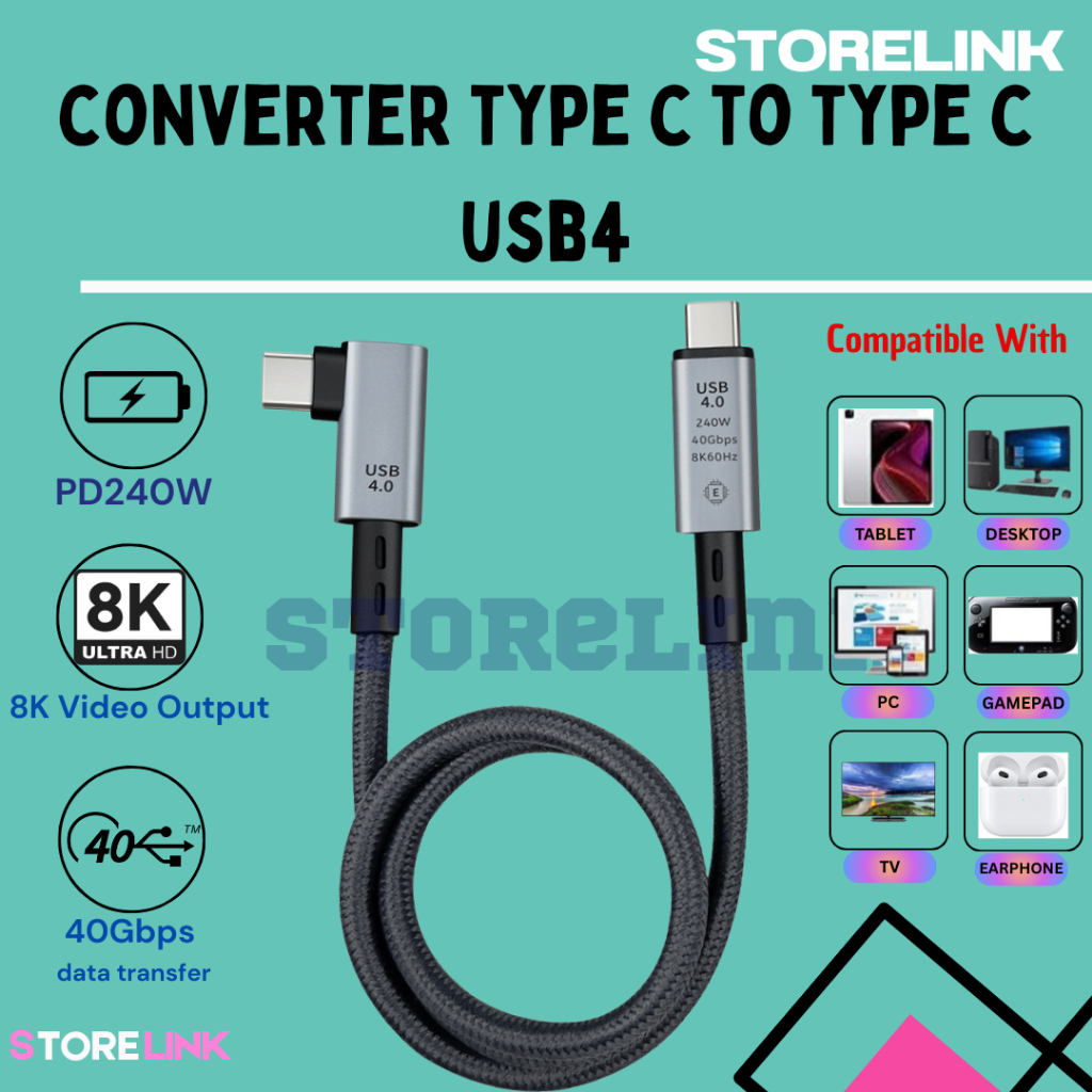 Jual Kabel Type C to Type C USB4 Elbow PD240W USB4.0 40Gbps Type C to C Cable 5A Fast Charging ...