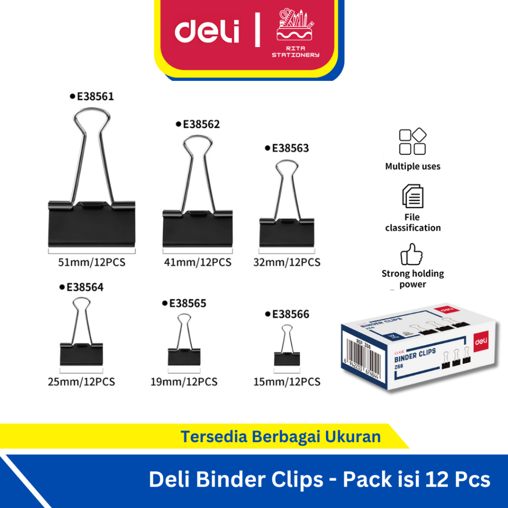 Jual Deli Klip Kertas Binder Clip / Penjepit Kertas Hitam Besar Kecil ...
