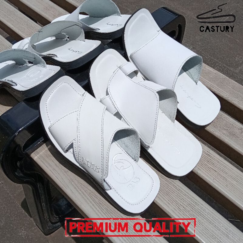 Jual sandal pria kulit warna putih / sendal kulit putih Laki Laki untuk ...