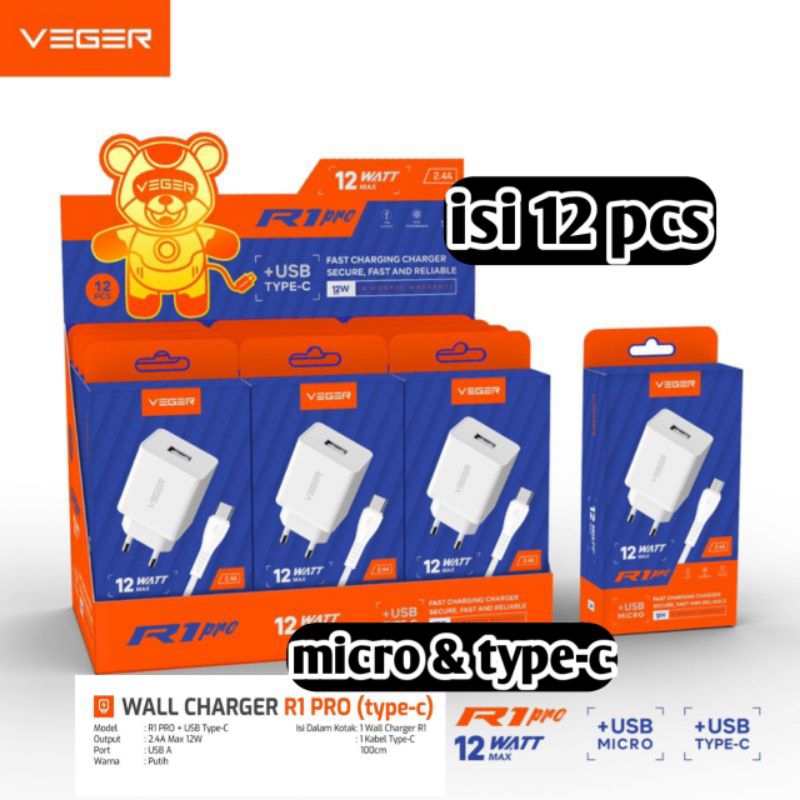 Jual { 1 BOX 12 PCS } charger VEGER R1 PRO 2.4A 12W MAX MICRO USB DAN ...