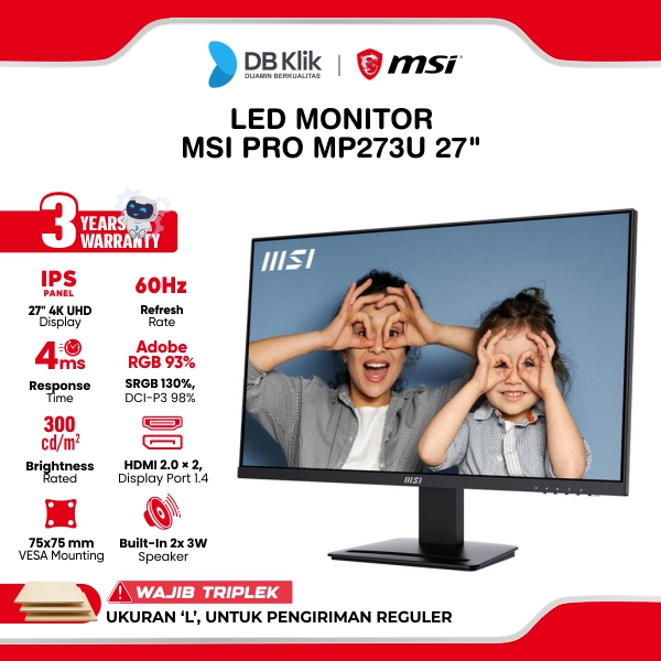 Jual MSI PRO LED Monitor MP273U 27" IPS UHD 60Hz 4ms Adaptive Sync HDR Built In Speaker HDMI DP ...