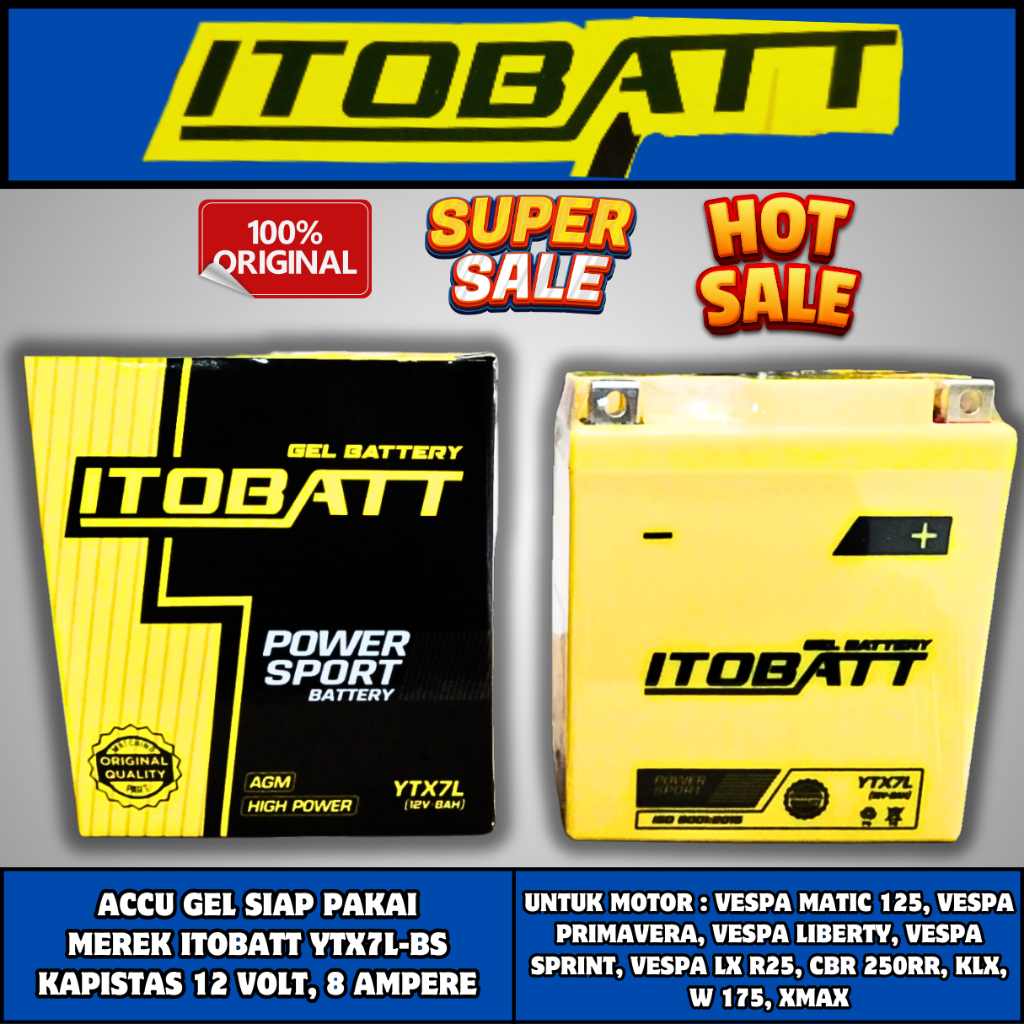 Jual AKI YAMAHA R25 MT25 XMAX X MAX X-MAX , CBR250RR ITOBATT YTX7L / YTX7L-BS / MBTX7U / YTZ8V ...