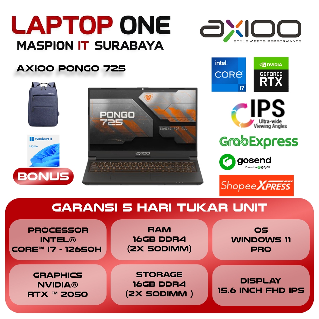 Jual AXIOO PONGO 725 I7 12650H RTX2050 4GB/ 16GB 512GB DOS 15.6FHD ...