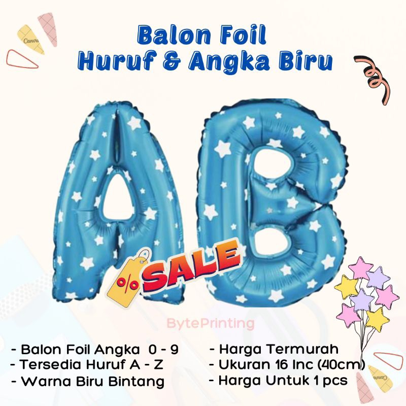 Jual BALON HURUF ANGKA 40CM BIRU BINTANG/BALON HURUF A-Z DAN ANGKA 0-9 ...