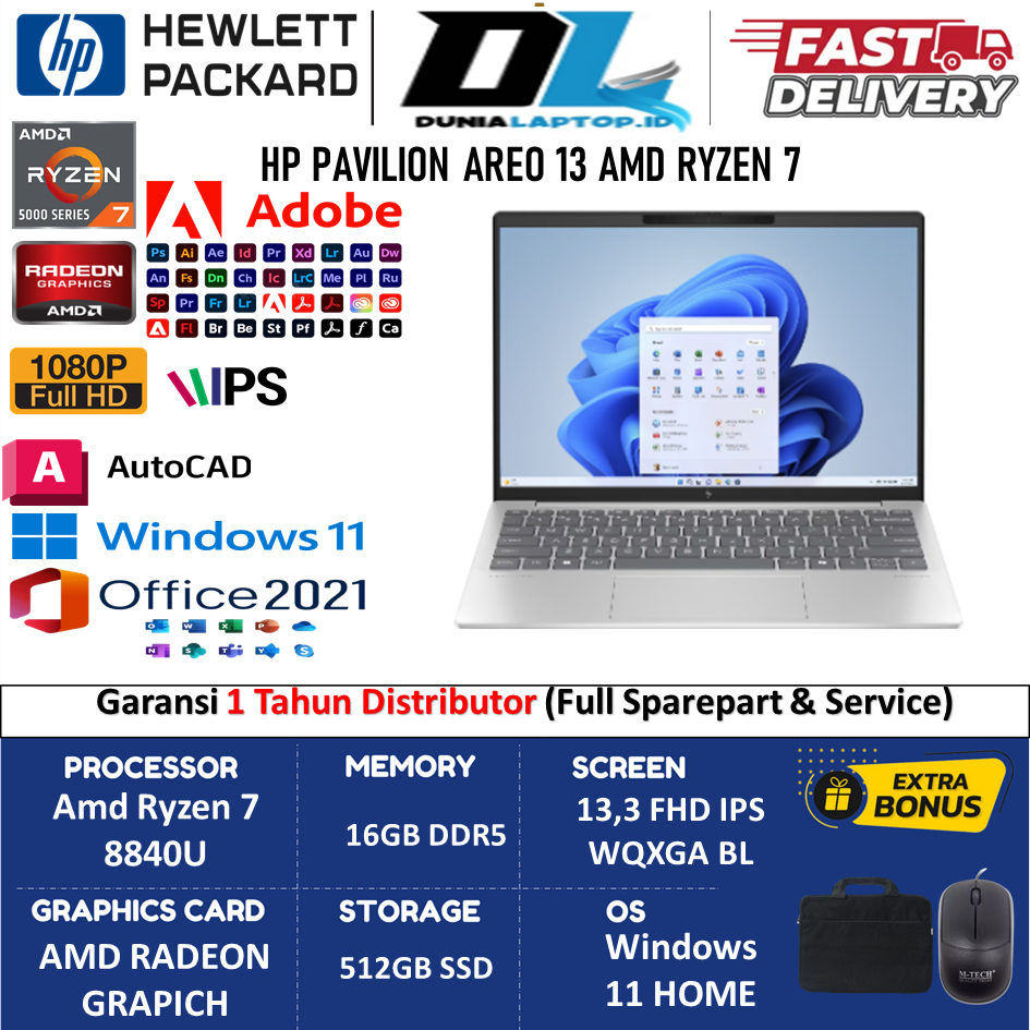 Jual Laptop Hp Pavilion Areo 13 Amd Ryzen 7 8840 16GB 512GB DDR5 WUXGA ...