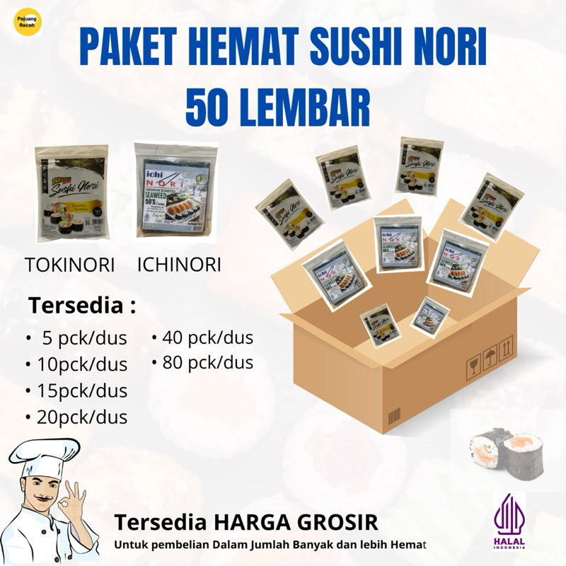 Jual PAKET HEMAT SUSHI NORI 50 LEMBAR / TOKINORI DAN ICHINORI & ICHI NORI SUSHI NORI - SUSHI ...