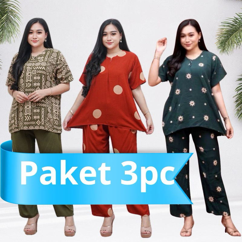 Jual Paket 3 Pcs Setelan Cp Baju Tidur Santai Kekinian - Lengan Pendek Rayon Halus fit to l xl ...