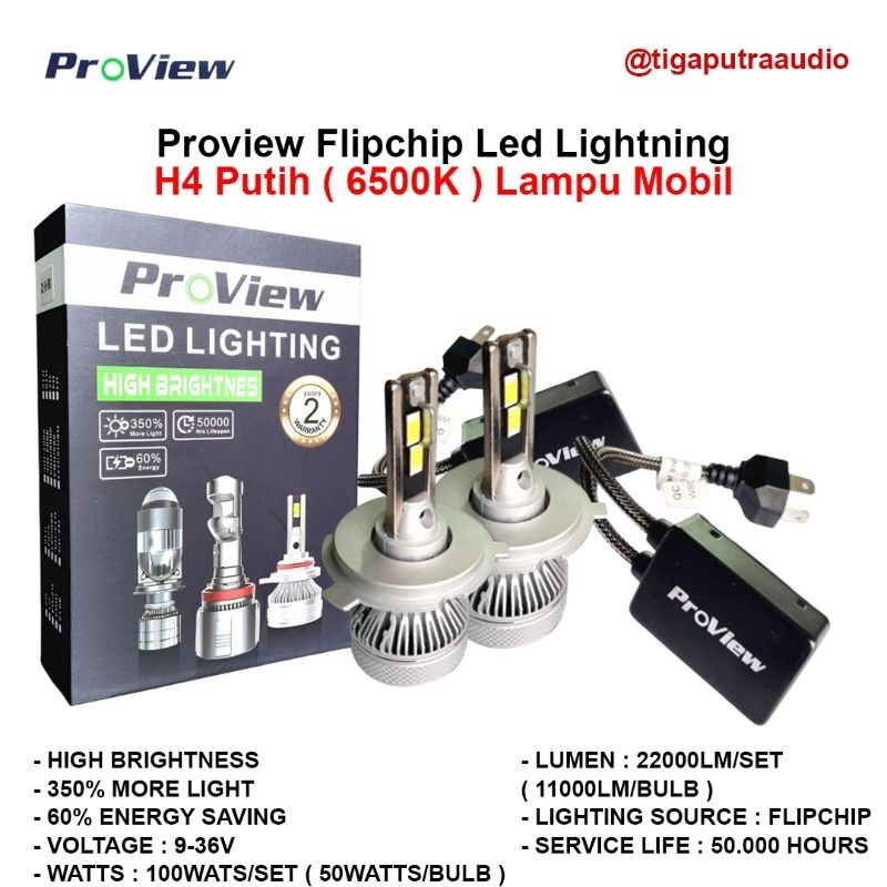 Jual Lampu Mobil Proview H4 6500K FlipChip Led Lightning 100 Watt ...