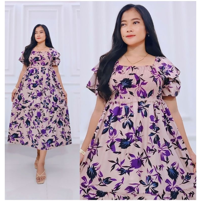 Jual NEW GAUN BUNGA MOTIF LENGAN PENDEK LD 110 PB 120/DRESS SMOKE ...