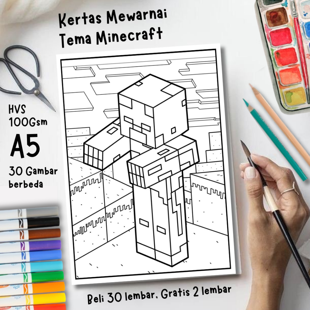 Jual 30 Lembar Kertas Mewarnai Anak / Coloring / Sketsa Tema Minecraft ...