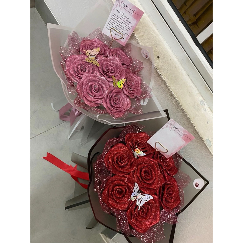 Jual [Isi 7,10]BUKET BUNGA PITA SATIN GLITER MODEL TERBARU, tulisan dan kupu BUKET GRADUATION ...