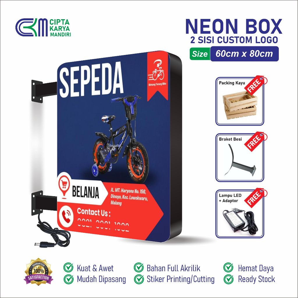 Jual Neon Box 2 Sisi Custom Logo Ukuran 60x90cm + Bracket + Packing ...
