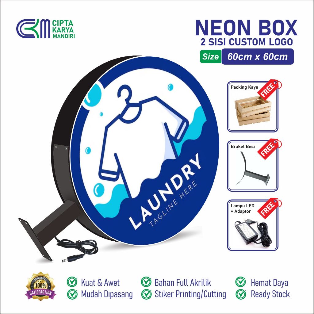 Jual Neon Box 2 sisi Custom Logo Ukuran 60x60cm | Neon box Laundry ...