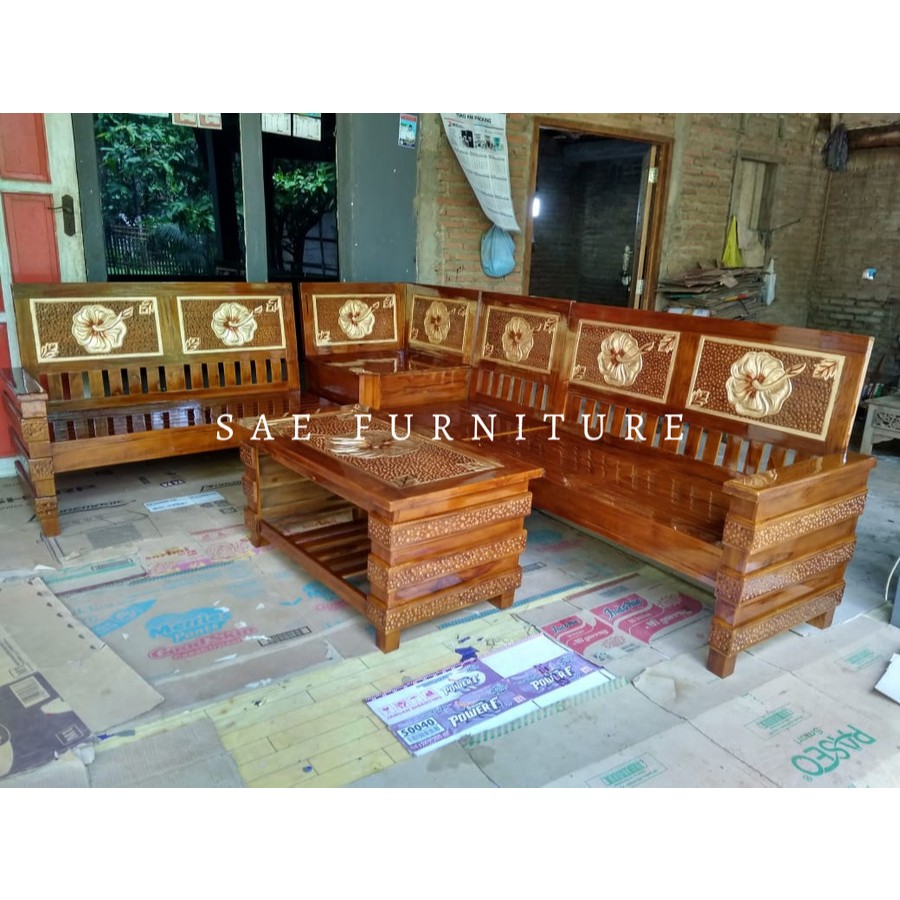 Jual sofa ruang tamu robot kayu jati leter L siku sudut pojok | Shopee ...
