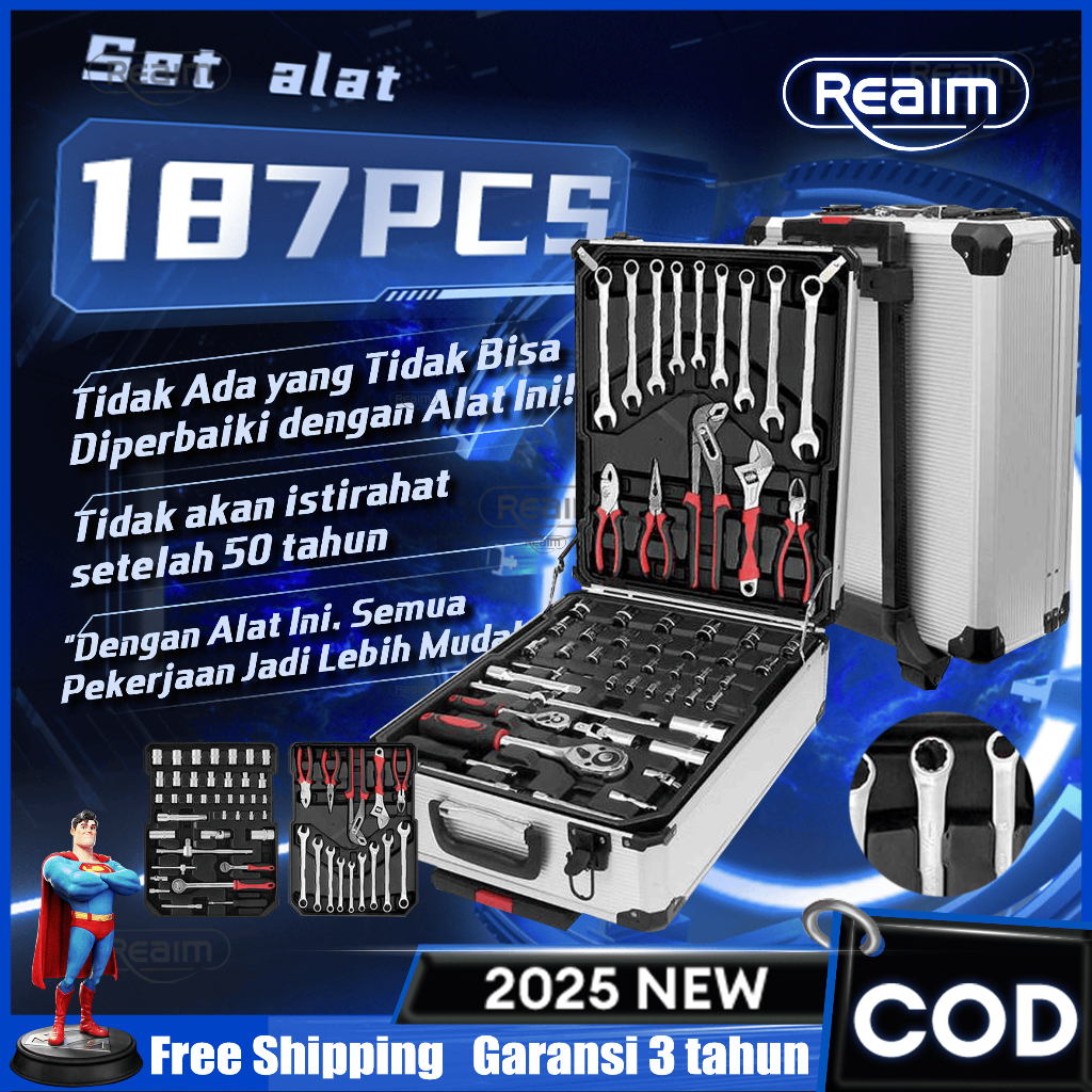 Jual Reaim Tool Kit 187 PCS Perkakas Bengkel Dan Rumah Koper Lengkap Bahan Kuat Tools Set 187pcs ...
