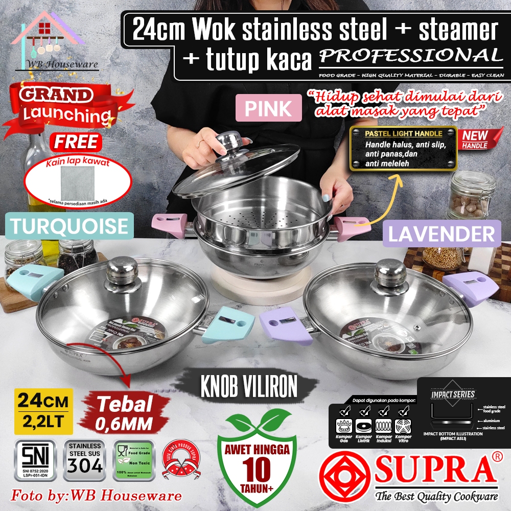 Jual SUPRA wok set 24cm handle pastel + steamer + tutup kaca viliron ...