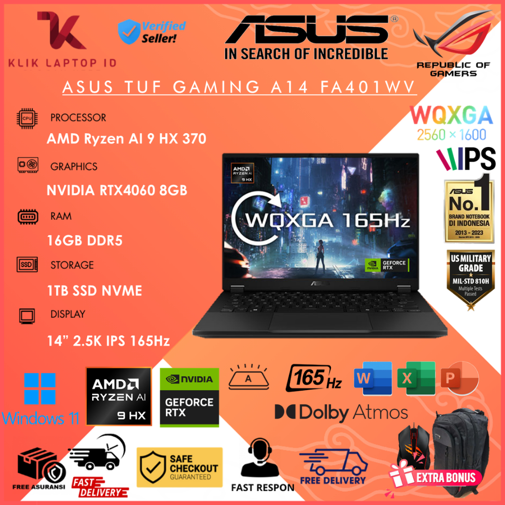 Jual ASUS TUF Gaming A14 FA401WV AMD Ryzen AI 9 HX 370 RTX4060-8GB ...