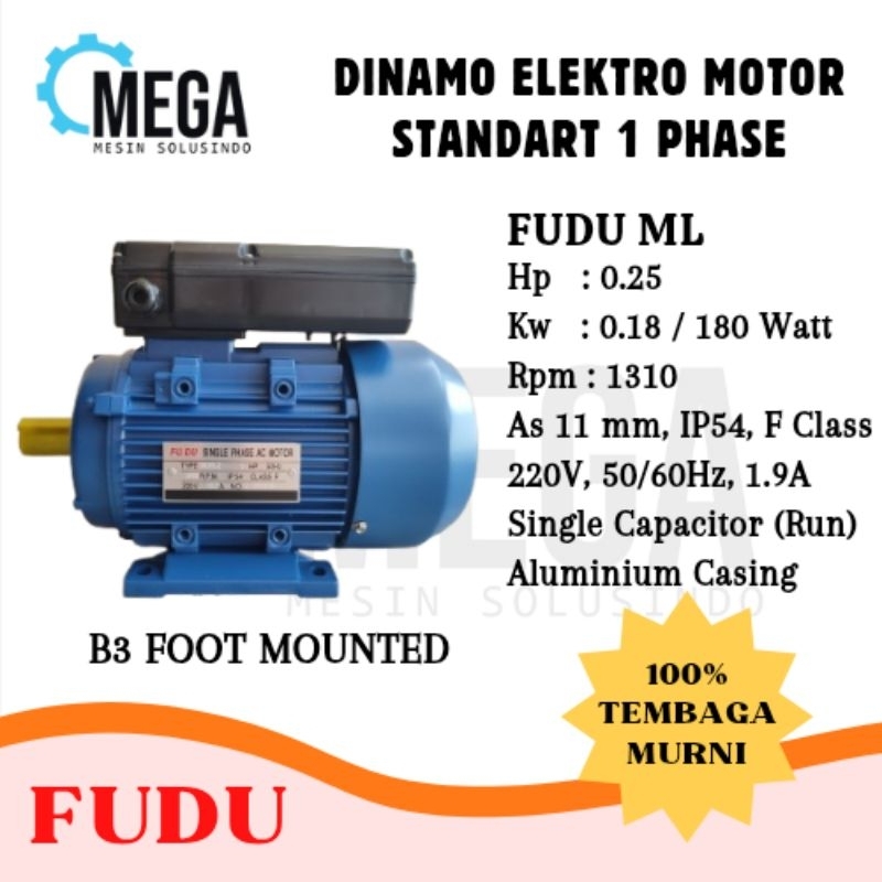 Jual FUDU Dinamo 1 Phase 1/4 HP 1/8 KW 1400rpm 4 Pole Dual Capacitor B3 ...