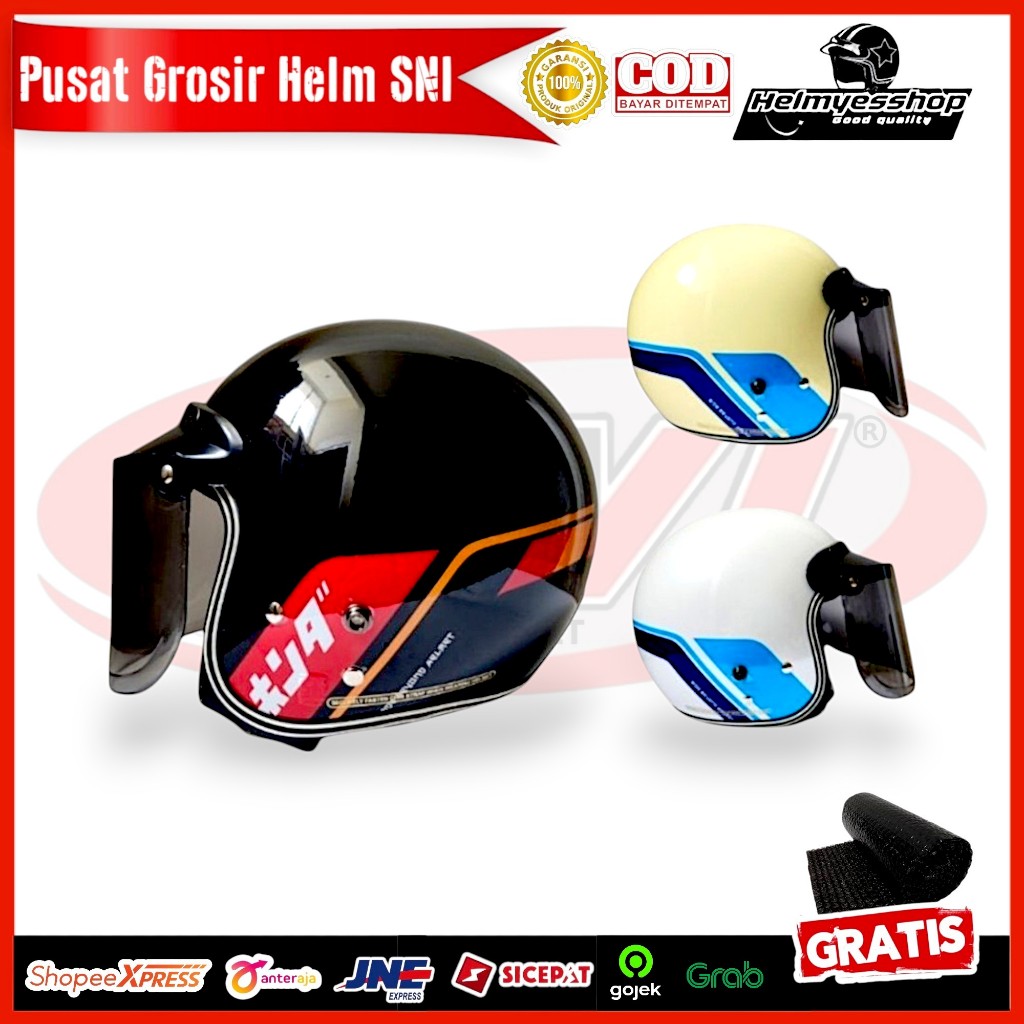 Jual Helm Bogo Motif Vintage Japan SNI BIVI Retro Half Face + Kaca Pria ...