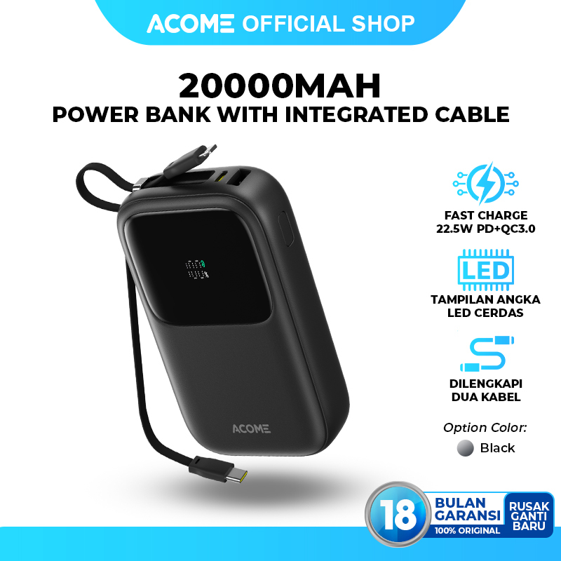 Jual ACOME Powerbank 20000mAh AP203 Fast Charging LED Display Free Kabel Port Type-C Lightning ...