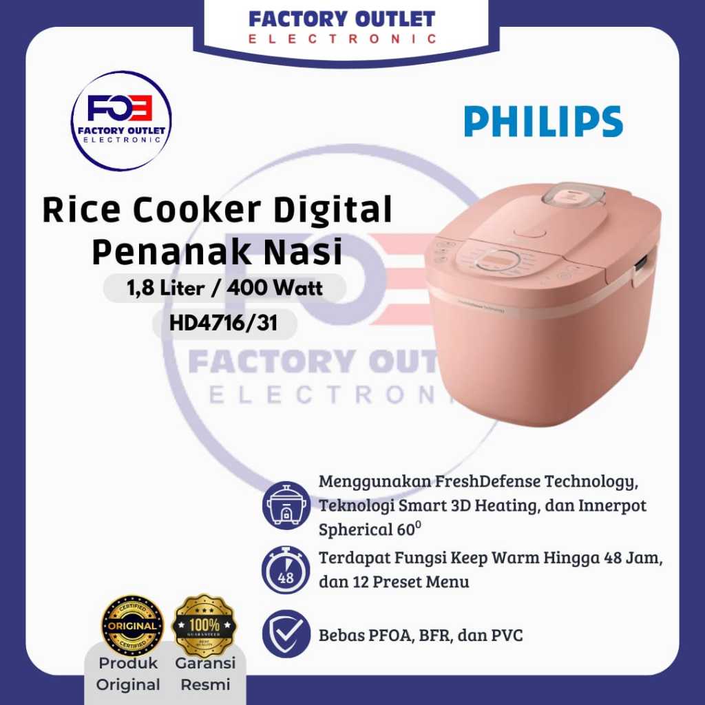 Jual PHILIPS HD4716/31 Rice Cooker Penanak Nasi Digital 1.8 Liter Fresh Defense 12 Preset Menu ...
