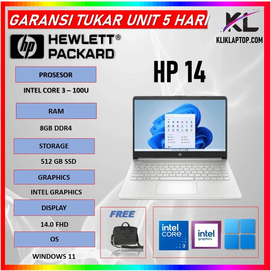 Jual Hp 14 Intel Core 3 100U Ram 8GB 512GB Windows 11 14.0 Full HD ...