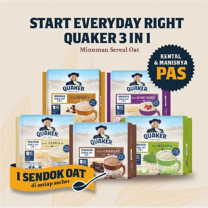 Jual Quaker 3 in 1 Instant Oatmeal All Varian | Matcha | Chocolate ...