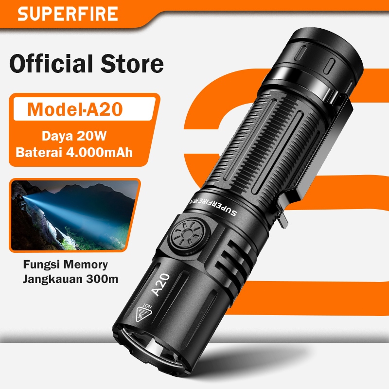 Jual Senter LED SUPERFIRE A20 20W Daya Tinggi 2000 Lumens Super Terang Rechargeable Type-C ...