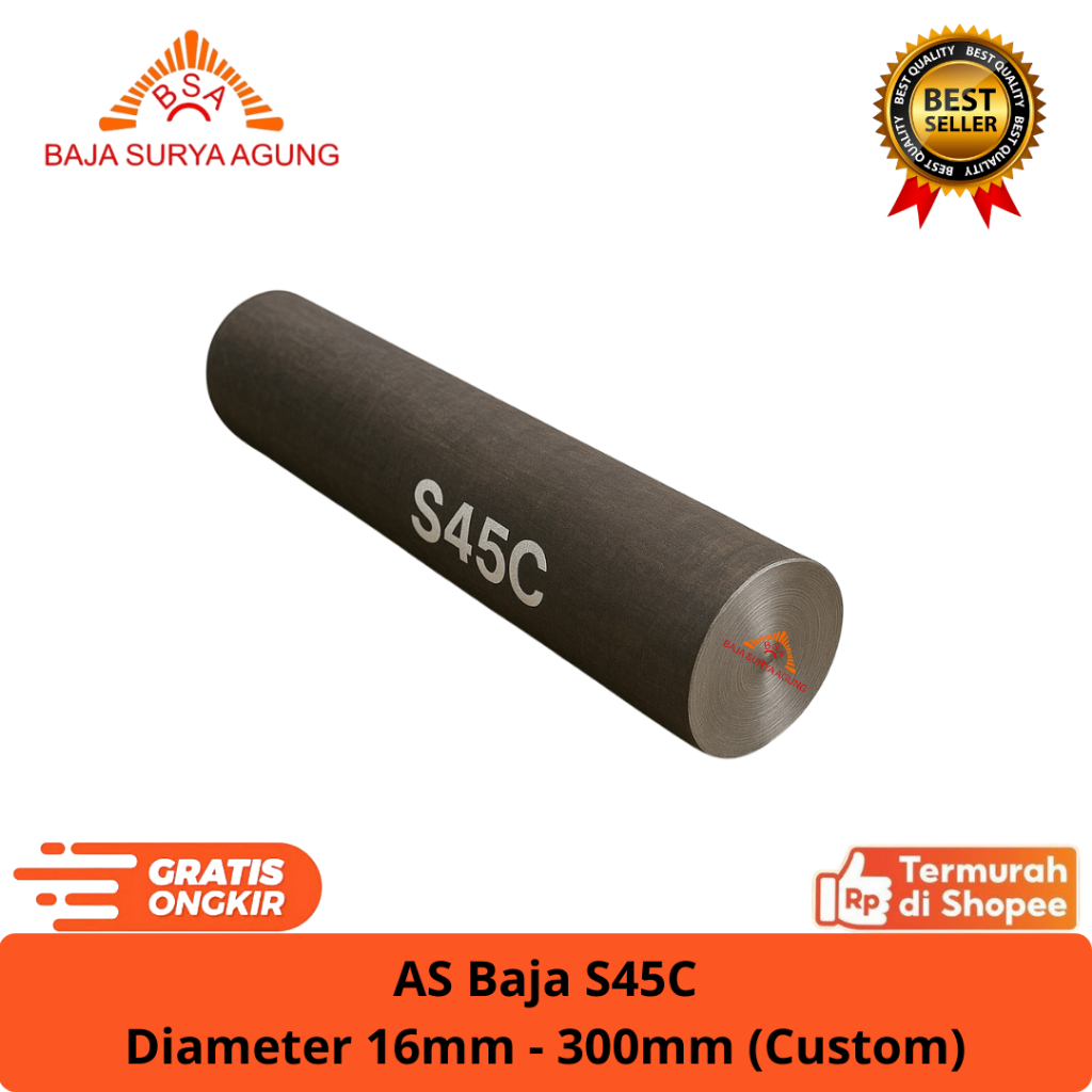 Jual AS Baja S45C diameter 16mm, 20mm, 22mm, 25mm, 30mm, 50mm, 100mm ...
