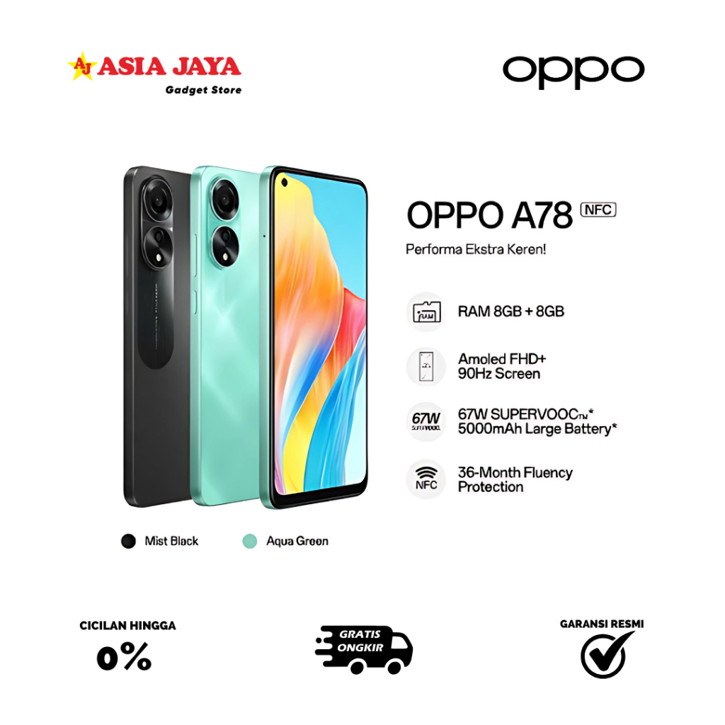 Jual OPPO A78 4G 8GB(+8GB)/256GB (67W SUPERVOOC, AMOLED FHD+, DUAL ...