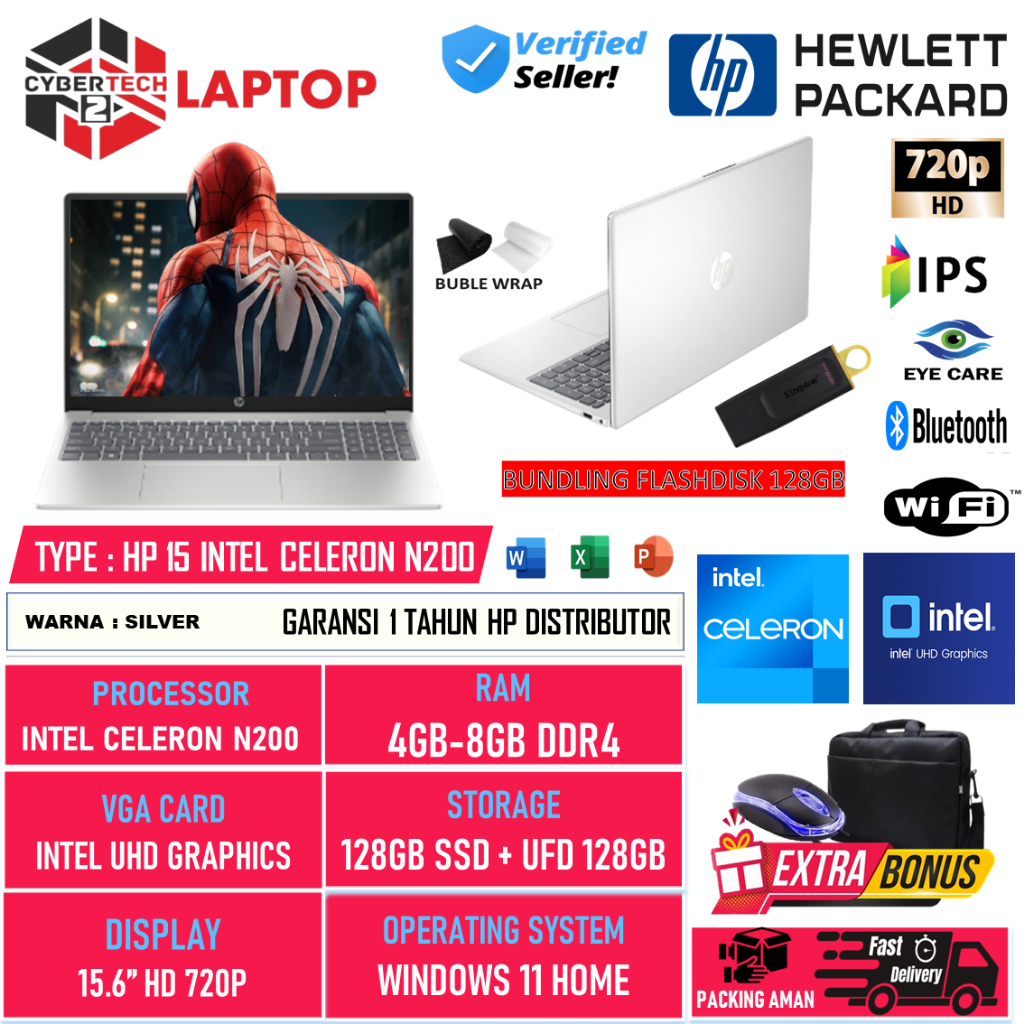 Jual PROMO Laptop HP 15 Intel N200 8GB 128GB+128GB UFD 15.6 Inch HD ...