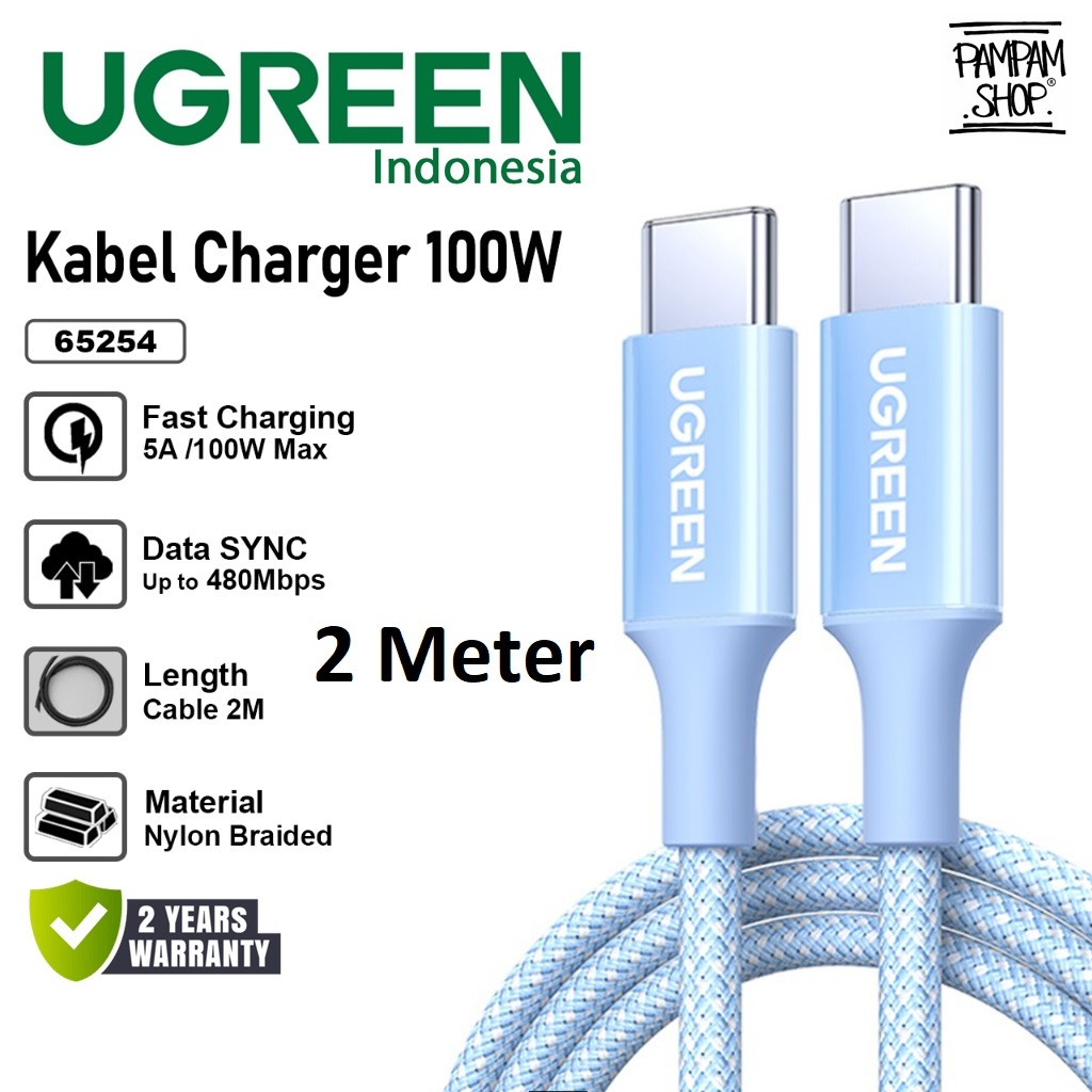 Jual UGREEN 65254 Kabel Data Type C to Type C 3A 100W Super Fast Charging 2M 2 Meter Biru Blue ...