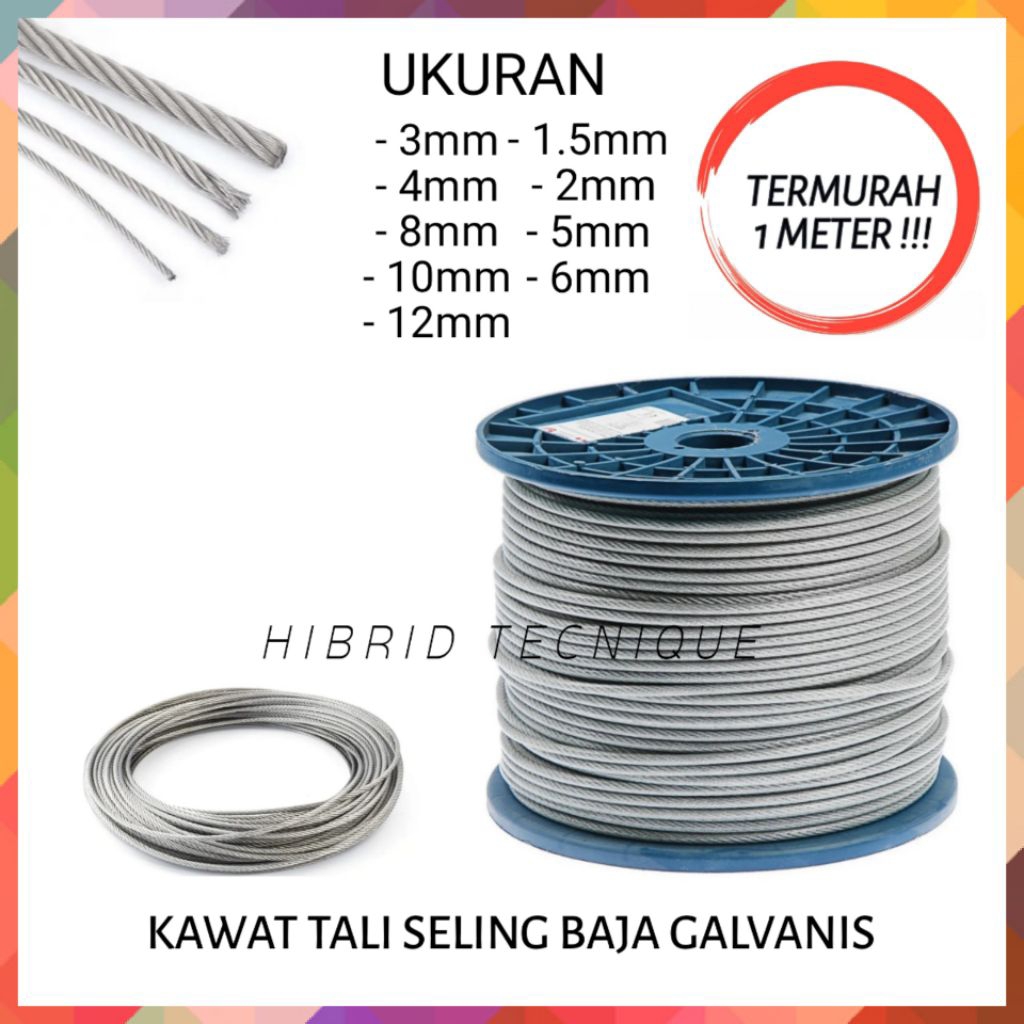 Jual Tali Kawat Seling Baja Galvanis Wire rop Sling 1.5 2 3 4 5 6 mm Tali sling Tali kawat baja ...