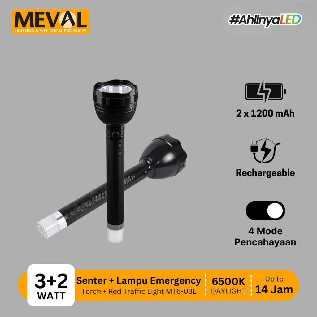 Jual MEVAL Senter Rechargeble + Lampu Emergency LED 4 Mode | Terang 14 ...