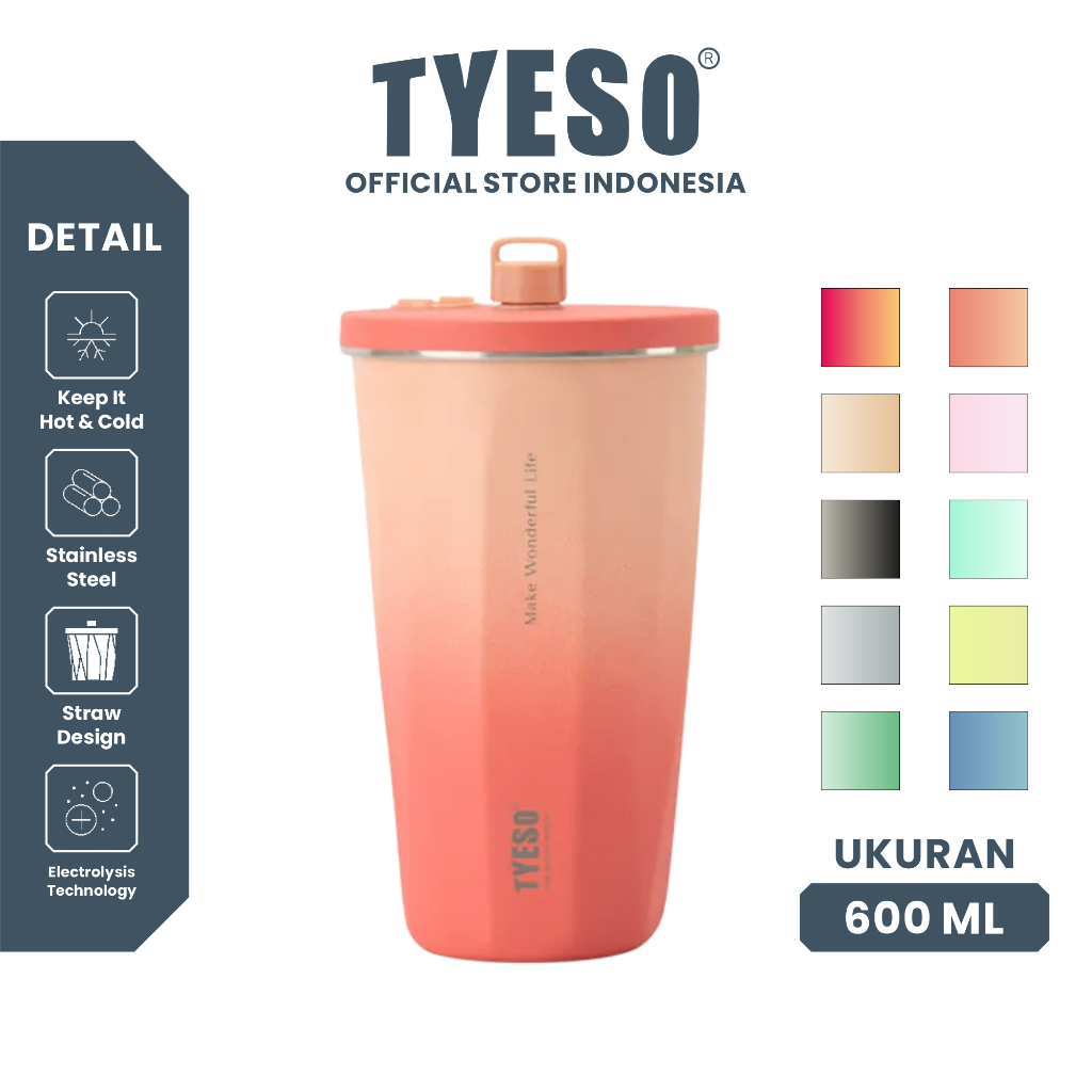 Jual Tyeso Tumbler Gelas Kopi Gradasi Portable 600ml Stainless Steel Free Sedotan TS-8848 ...