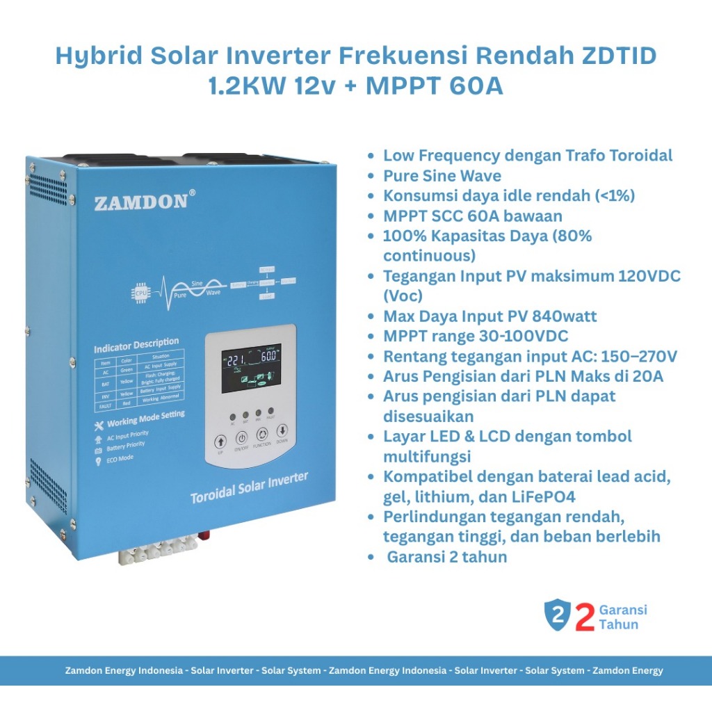 Jual Zamdon Inverter Hybrid Surya Frekuensi Rendah 1.200watt/1.500VA 12v Off Grid dengan Built ...