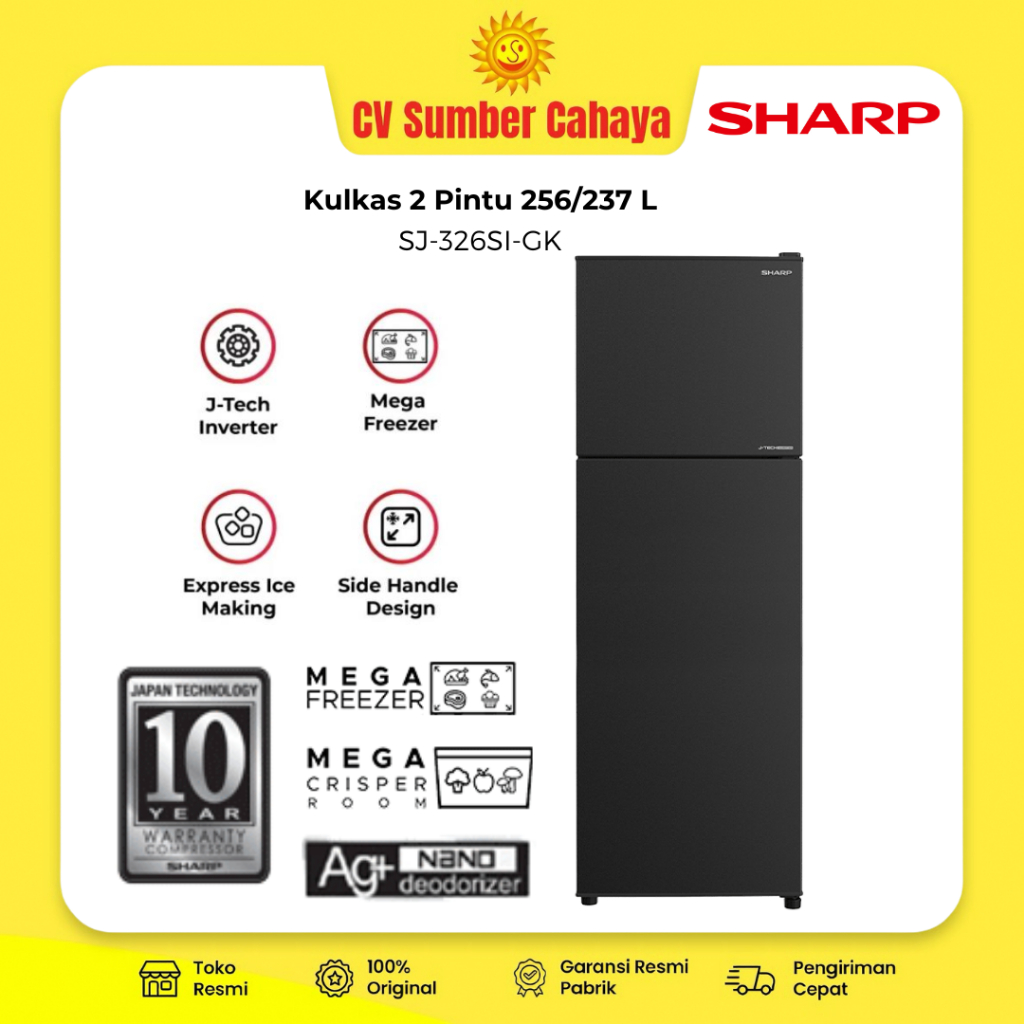 Jual SHARP Kulkas 2 Pintu 237L J-Tech Inverter SJ-326SI-GK Shine Series ...