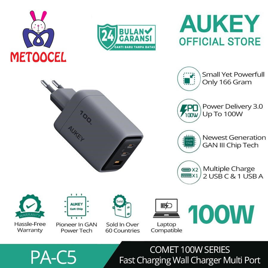 Jual AUKEY Charger Type C 100W GAN III PD 3.0 PPS Super Fast Charging Comet Mix 3 100W Series PA ...