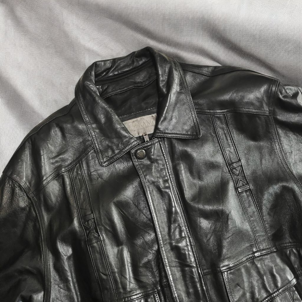 Jual Flight Leather Jacket Vintage Boxy Cut All Black Kulit Asli Second ...
