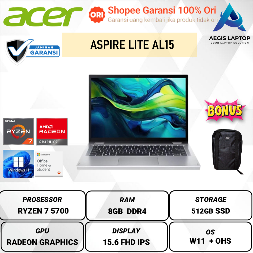Jual Acer Aspire Lite AL15 Ryzen 7 5700 RAM 8Gb SSD 512Gb W11+Ohs 15.6 ...