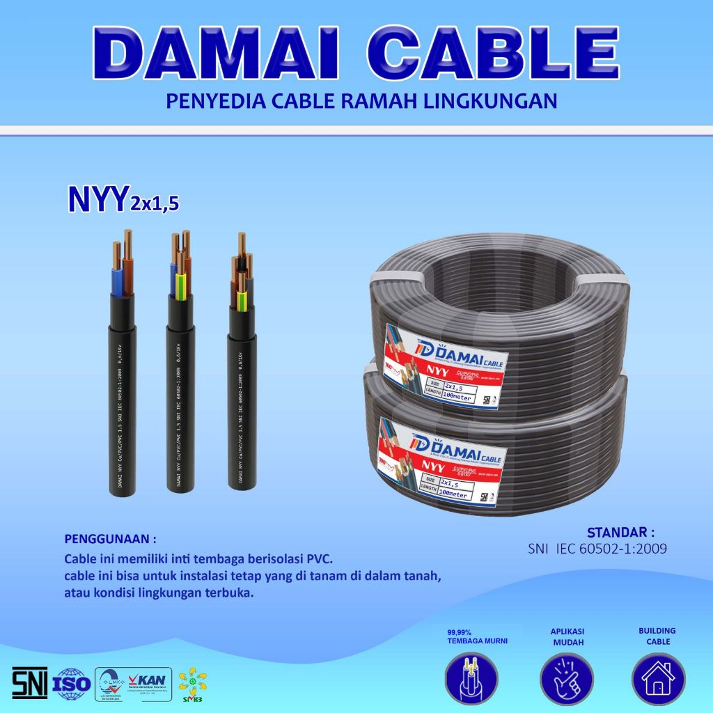 Jual NYY 2x1,5 mm2 50-100 Meter - Kabel Tembaga Kawat Damai Cable ...