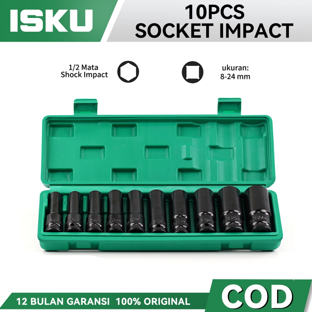 Jual ISKU mata shock impact panjang set 10pcs mata sock set 1/2" mata socket extention impact ...