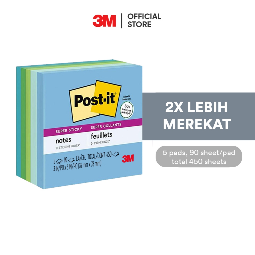 Jual Post-it® Super Sticky Notes Recycled Paper 3x3", Oasis Color, 5/pk ...