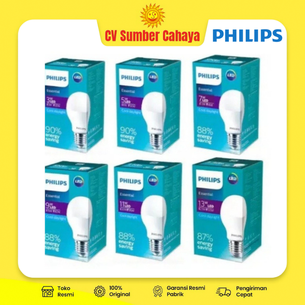 Jual Lampu Philips Essential LED Bulb 3W 5W 7W 9W Watt E27 6500K Putih ...
