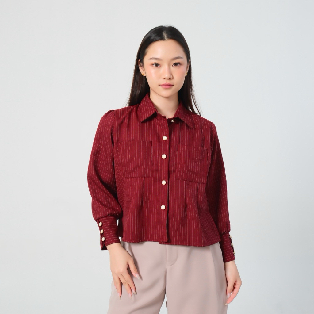 Jual Kemeja Salur Wanita Lengan panjang / Atasan Elegan Semi Crop Top ...