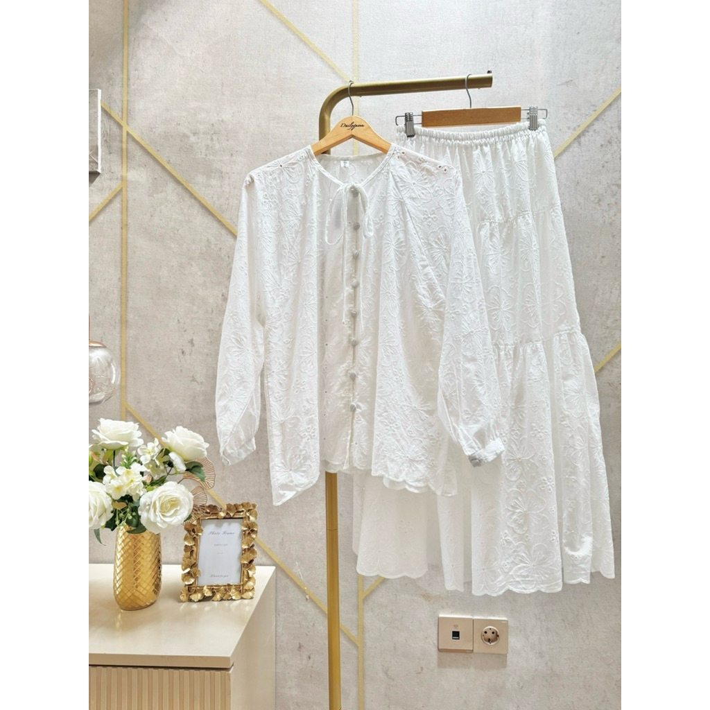 Jual One Set Katun Bordir ootd korean simple putih bw atas bawah rok ...
