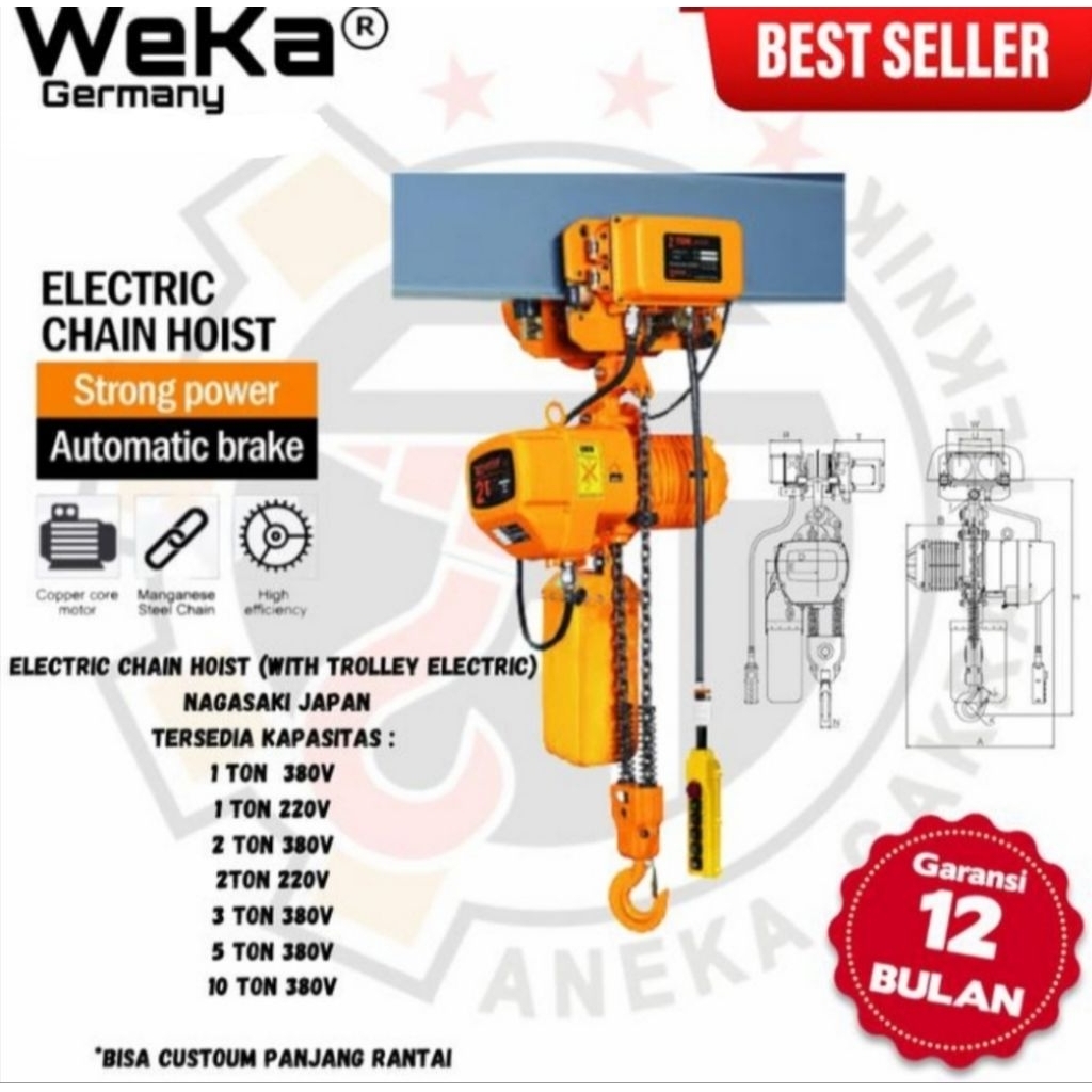 Jual Electric Chain Hoist 10 Ton x 6 Meter 4Jalur 380V Plus Trolley ...