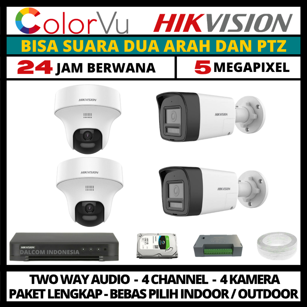 Jual PAKET CCTV HIKVISION COLORVU 5MP 4 CHANNEL 4 CAMERA PTZ TWO WAY ...